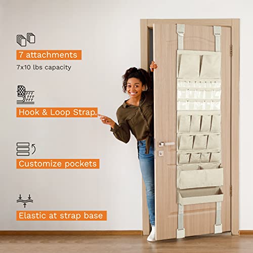 Over The Door Hanging Organizer Storage Wall Mount Premium Durable with 7 Unique Large Pockets Customizable Metal Door Hooks 17” Wide * 73” Long Closet Organizer Office Home Easy to Setup Ivory