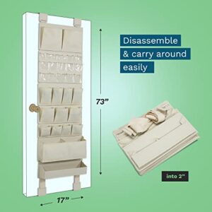 Over The Door Hanging Organizer Storage Wall Mount Premium Durable with 7 Unique Large Pockets Customizable Metal Door Hooks 17” Wide * 73” Long Closet Organizer Office Home Easy to Setup Ivory