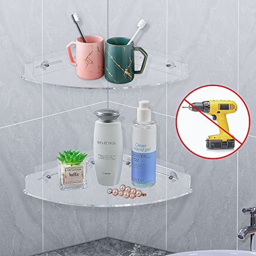 weddingwish 2 Pack Corner Shower Caddy, Transparent Acrylic Shelf, Wall Mounted No Drilling Traceless Adhesive Bathroom Storage Organizer, Storage Rack for Toilet, Shampoo, Dorm, and Kitchen