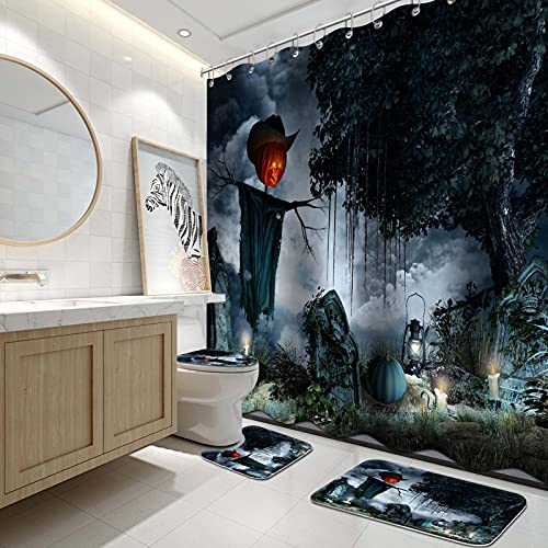 Halloween Scenery with tombstones Shower Curtain Sets with Rugs and Toilet Lid Cover and Bath Mat for Bathroom, Shower Curtain Sets with 12 Hooks, Waterproof Durable Bathroom Decor Set