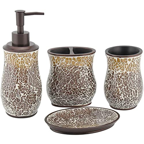 Bathroom Accessories Set 4 Pcs Mosaic Glass Resin Bath Restroom Decor Sets Collection Includes Lotion Soap Dispenser Toothbrush Holder Tumbler Soap Dish Bathroom Vanity Countertop Brown