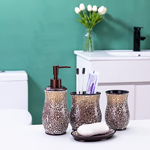 Bathroom Accessories Set 4 Pcs Mosaic Glass Resin Bath Restroom Decor Sets Collection Includes Lotion Soap Dispenser Toothbrush Holder Tumbler Soap Dish Bathroom Vanity Countertop Brown