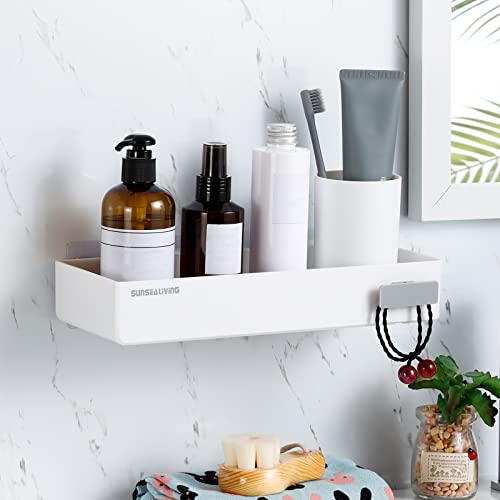 SUNSEALIVING Shower Caddy Bathroom Organizer Drill Free Removable Adhesive Shelf Bathroom Wall Mounted Storage Shower Caddy Plastic White