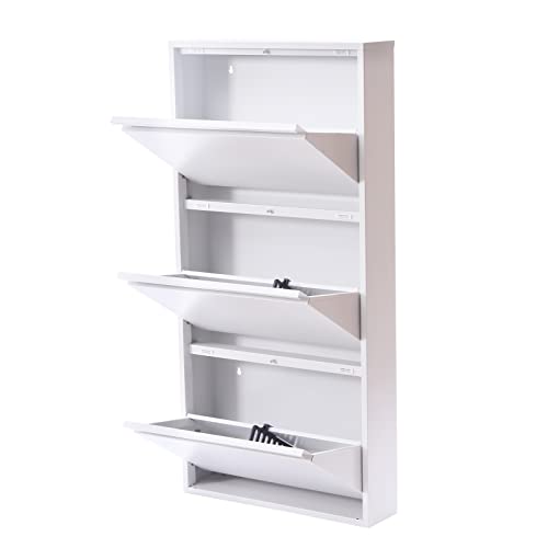 RudiUsoy Wall Mounted Shoe Cabinet, 3 Drawer Shoe Storage Cabinet 19.88''x4.8''x40.67'' Wall Mounted Metal Shoe Rack Orgainzer for Entryway, Hallway and Corridor - Holds 9 Pair Shoes (White)