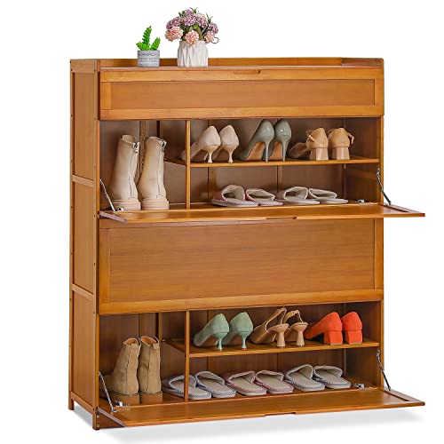 MoNiBloom Bamboo 7 Tier Shoe Storage Cabinet with Pull-Down Doors for Heels Sneakers Shoes Rack Organizer for 36-40 Pairs Entryway Hallway Living Room, Brown