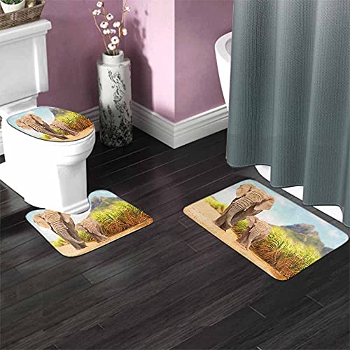 AOYEGO African Bush Elephants Bathroom Rugs Set of 3 Loxodonta African Family Walk On The Road Non Slip 31.5X19.7 Inch Soft Absorbent Polyester for Tub Shower Toilet