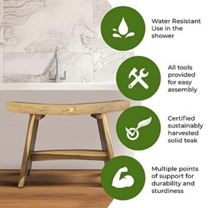 EcoDecors Serenity Shower Stool Natural Teak Wood Eastern Style Shower Bench with Curved Seat, Wooden Shower Seat Spa Stool in Earthy Teak Finish - 24 inches