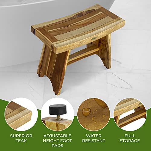 EcoDecors Serenity Shower Stool Natural Teak Wood Eastern Style Shower Bench with Curved Seat, Wooden Shower Seat Spa Stool in Earthy Teak Finish - 24 inches