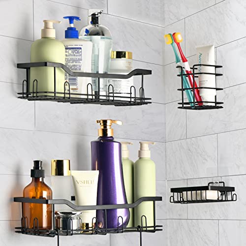 HappyHapi 4 Pack Shower Caddy with Hooks and Towel Rack,Adhesive Shower Shelf Rustproof Shower Caddy for Bathroom RV Kitchen(2 Shower Organizer,1 Soap Holders,1 Toothbrush holder,1 Towel Rack)