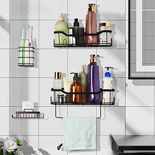 HappyHapi 4 Pack Shower Caddy with Hooks and Towel Rack,Adhesive Shower Shelf Rustproof Shower Caddy for Bathroom RV Kitchen(2 Shower Organizer,1 Soap Holders,1 Toothbrush holder,1 Towel Rack)