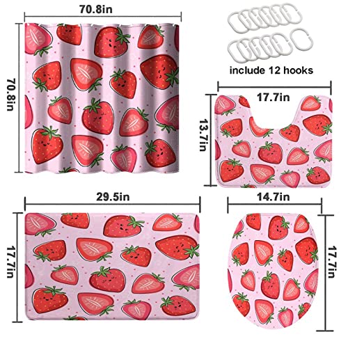 Zmcongz Lovely Strawberry Bathroom Sets with Shower Curtain and Rugs and Accessories Cute Fruit on Pink Background Bathroom Decor Bath Curtain with Rugs Toilet Lid Cover Bath Mat, 72x72 Inch