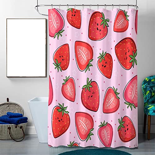 Zmcongz Lovely Strawberry Bathroom Sets with Shower Curtain and Rugs and Accessories Cute Fruit on Pink Background Bathroom Decor Bath Curtain with Rugs Toilet Lid Cover Bath Mat, 72x72 Inch