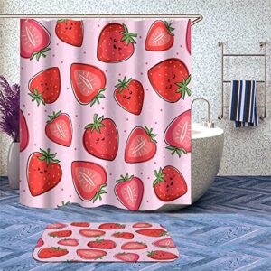 Zmcongz Lovely Strawberry Bathroom Sets with Shower Curtain and Rugs and Accessories Cute Fruit on Pink Background Bathroom Decor Bath Curtain with Rugs Toilet Lid Cover Bath Mat, 72x72 Inch