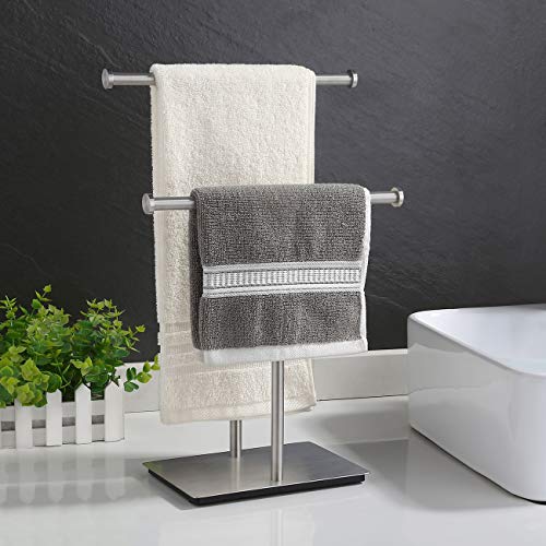 KES Hand Towel Stand for Bathroom Countertop Double-T Towel Holder Towel Rack with Square Base SUS304 Stainless Steel Brushed Finish, BTH209B-2