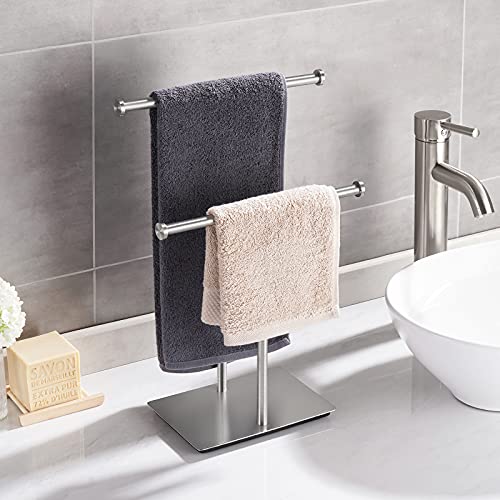 KES Hand Towel Stand for Bathroom Countertop Double-T Towel Holder Towel Rack with Square Base SUS304 Stainless Steel Brushed Finish, BTH209B-2