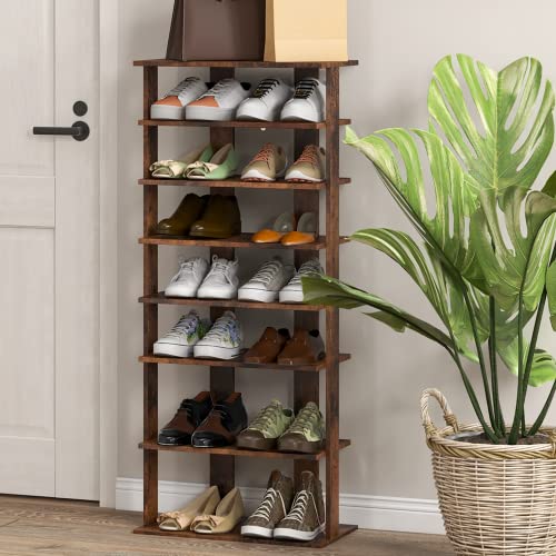 Tangkula 7-Tier Vertical Shoe Rack, Patented Entryway Wooden Double Rows Shoes Rack with Anti-Toppling Device, Narrow Shoe Rack Organizer, Space Saving Shoes Storage Stand for Front Door