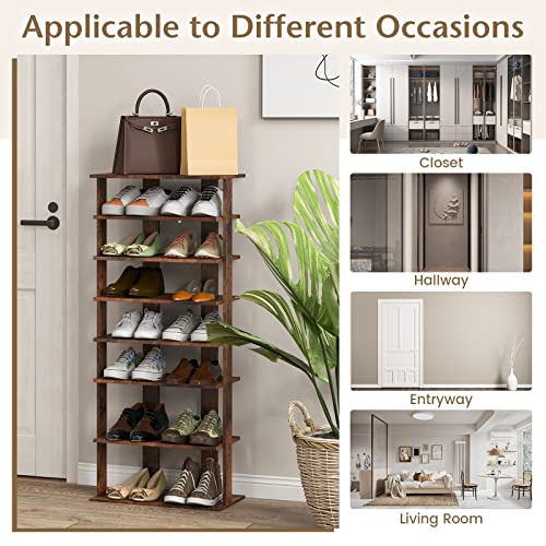 Tangkula 7-Tier Vertical Shoe Rack, Patented Entryway Wooden Double Rows Shoes Rack with Anti-Toppling Device, Narrow Shoe Rack Organizer, Space Saving Shoes Storage Stand for Front Door