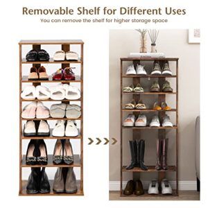 Tangkula 7-Tier Vertical Shoe Rack, Patented Entryway Wooden Double Rows Shoes Rack with Anti-Toppling Device, Narrow Shoe Rack Organizer, Space Saving Shoes Storage Stand for Front Door