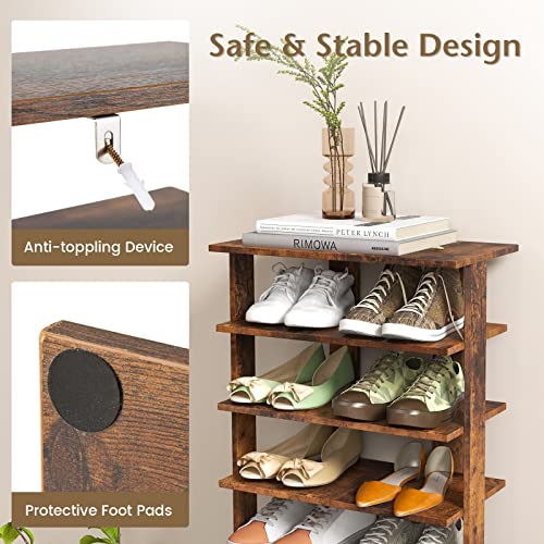 Tangkula 7-Tier Vertical Shoe Rack, Patented Entryway Wooden Double Rows Shoes Rack with Anti-Toppling Device, Narrow Shoe Rack Organizer, Space Saving Shoes Storage Stand for Front Door