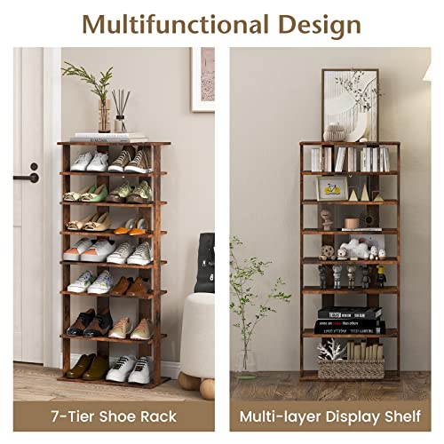 Tangkula 7-Tier Vertical Shoe Rack, Patented Entryway Wooden Double Rows Shoes Rack with Anti-Toppling Device, Narrow Shoe Rack Organizer, Space Saving Shoes Storage Stand for Front Door