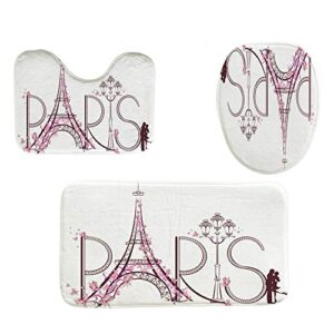 eiffel tower bath mats sets for bathroom 3 piece,paris romantic floral bathroom carpets set with absorbent and machine washable non-slip u-shaped pedestal pads, toilet seat cover, anti-slip floor rugs