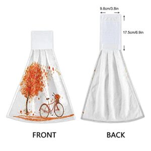 2 Pack Fall Maple Tree Bike Hanging Kitchen Towel with Loop Romantic Autumn Bicycle Hand Towels Soft Microfiber Coral Velvet Dish Towel for Bathroom Washcloth Absorbent Tie Towel