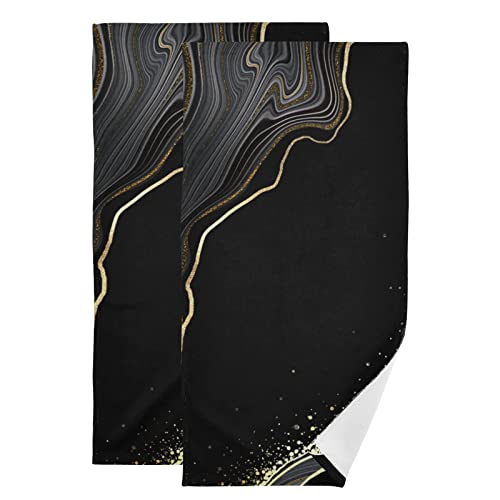 Bath Towels Set of 2 Hand Towels for Bathroom Cotton Abstract Black Marble Gold Line Decorative 28x14in Absorbent Soft