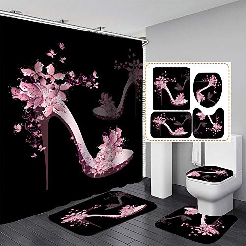 4 pcs High Heel Bathroom Sets with Non-Slip Rugs, Toilet Lid Cover and Bath Mat, Pink Butterfly High Heel Waterproof Shower Curtains with 12 Hooks, Bathroom Girly Decor #2-180x180