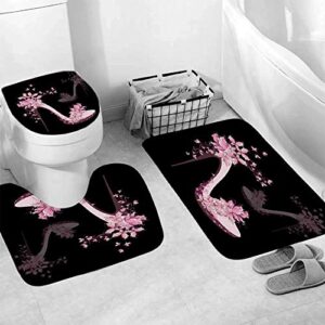 4 pcs High Heel Bathroom Sets with Non-Slip Rugs, Toilet Lid Cover and Bath Mat, Pink Butterfly High Heel Waterproof Shower Curtains with 12 Hooks, Bathroom Girly Decor #2-180x180