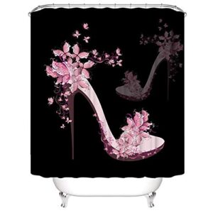 4 pcs High Heel Bathroom Sets with Non-Slip Rugs, Toilet Lid Cover and Bath Mat, Pink Butterfly High Heel Waterproof Shower Curtains with 12 Hooks, Bathroom Girly Decor #2-180x180