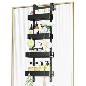 thideewiz 4 tier over the door shower caddy, 32.8inch height adjustable hanging shower organizer, black metal rustproof bathroom shelves with 6 plastic hooks and 2 suction cups