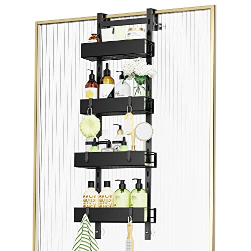 Thideewiz 4 Tier Over the Door Shower Caddy, 32.8inch Height Adjustable Hanging Shower Organizer, Black Metal Rustproof Bathroom Shelves with 6 Plastic Hooks and 2 Suction Cups