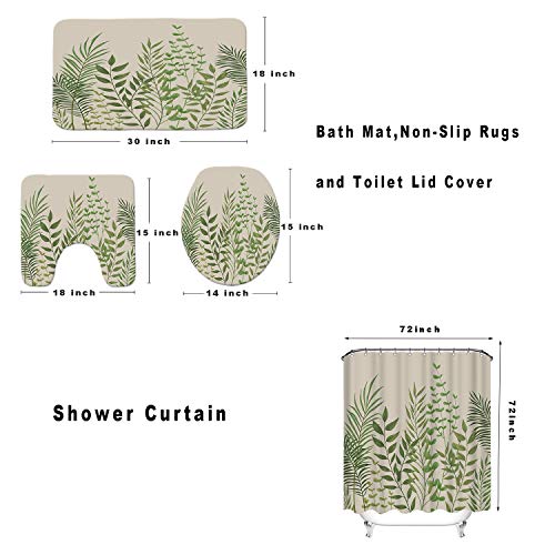 RyounoArt 4 Pcs Green Leaves Shower Curtain Set with Rugs and Accessories Vintage Plant Leaf Shower Curtain with Toilet Cover Waterproof Bathroom Curtain