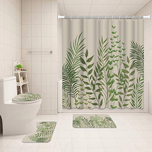 RyounoArt 4 Pcs Green Leaves Shower Curtain Set with Rugs and Accessories Vintage Plant Leaf Shower Curtain with Toilet Cover Waterproof Bathroom Curtain