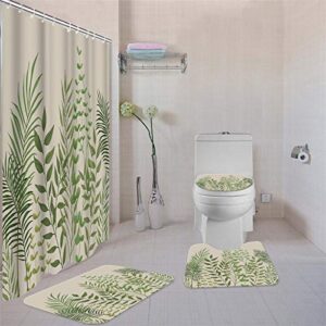 RyounoArt 4 Pcs Green Leaves Shower Curtain Set with Rugs and Accessories Vintage Plant Leaf Shower Curtain with Toilet Cover Waterproof Bathroom Curtain