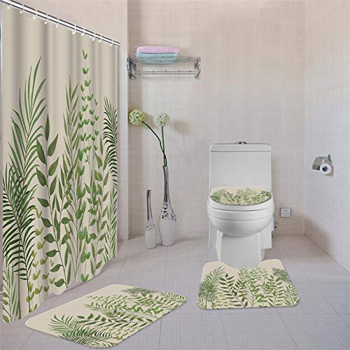 RyounoArt 4 Pcs Green Leaves Shower Curtain Set with Rugs and Accessories Vintage Plant Leaf Shower Curtain with Toilet Cover Waterproof Bathroom Curtain