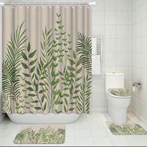 RyounoArt 4 Pcs Green Leaves Shower Curtain Set with Rugs and Accessories Vintage Plant Leaf Shower Curtain with Toilet Cover Waterproof Bathroom Curtain