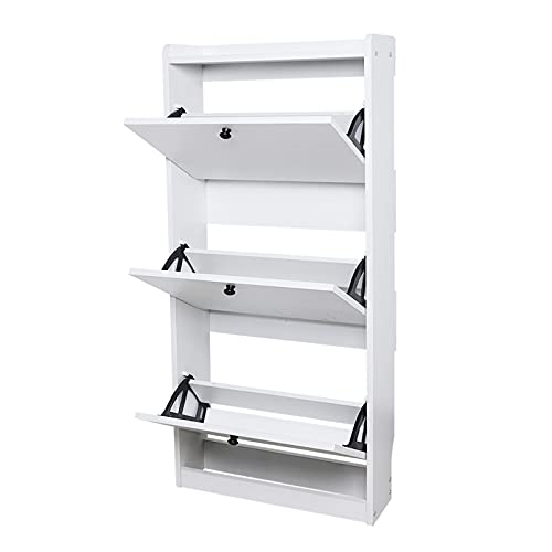 Shoe Cabinet for Entryway, White Narrow Shoe Storage Cabinet Flip Down Shoe Rack, 3 Tier Freestanding Shoe Organizer for Entryway Hallway, Living Room