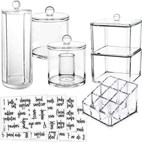 Talented Kitchen 6-Pack Makeup Organizer Premium Quality Acrylic Plastic Containers. Bathroom Beauty Storage Set: 5 Canisters & 107 Printed Labels Organization