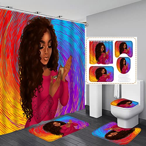 African American Woman Shower Curtains for Bathroom, 4PCS Bathroom Sets Include 1 Fabric Shower Curtain, 2 Non-Slip Bathroom Rugs and 1 Toilet Lid Cover, Black Girl Bathroom Decor (Purple)