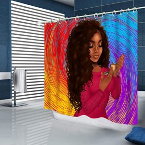 African American Woman Shower Curtains for Bathroom, 4PCS Bathroom Sets Include 1 Fabric Shower Curtain, 2 Non-Slip Bathroom Rugs and 1 Toilet Lid Cover, Black Girl Bathroom Decor (Purple)