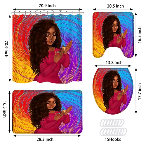 African American Woman Shower Curtains for Bathroom, 4PCS Bathroom Sets Include 1 Fabric Shower Curtain, 2 Non-Slip Bathroom Rugs and 1 Toilet Lid Cover, Black Girl Bathroom Decor (Purple)