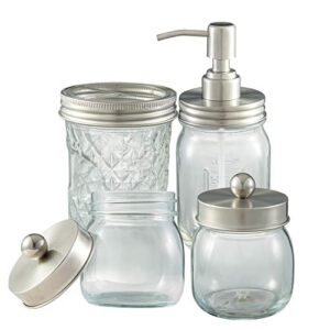 bathroom accessory set 4 pcs glass bathroom decor jar soap dispenser toothbrush holder 2 apothecary jars farmhouse decor bathroom home decor craft (silver)