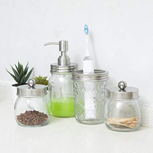 Bathroom Accessory Set 4 Pcs Glass Bathroom Decor Jar Soap Dispenser Toothbrush Holder 2 Apothecary Jars Farmhouse Decor Bathroom Home Decor Craft (Silver)