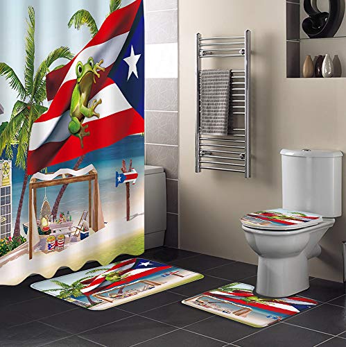 4 Piece Shower Curtains with Mat Set, A Frog on a Puerto Rican Flag by the Beach Non Slip Bath Mat, Counter Mat, Lid Cover Bathtub Curtain with Hooks (Including 72x72 Inch Curtain Large Rugs Set)