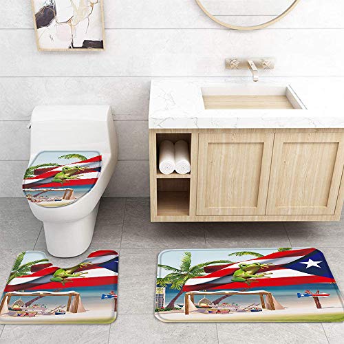 4 Piece Shower Curtains with Mat Set, A Frog on a Puerto Rican Flag by the Beach Non Slip Bath Mat, Counter Mat, Lid Cover Bathtub Curtain with Hooks (Including 72x72 Inch Curtain Large Rugs Set)