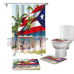 4 Piece Shower Curtains with Mat Set, A Frog on a Puerto Rican Flag by the Beach Non Slip Bath Mat, Counter Mat, Lid Cover Bathtub Curtain with Hooks (Including 72x72 Inch Curtain Large Rugs Set)