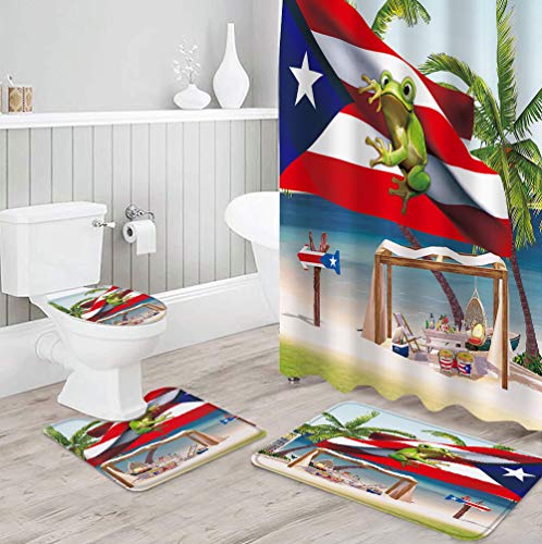 4 Piece Shower Curtains with Mat Set, A Frog on a Puerto Rican Flag by the Beach Non Slip Bath Mat, Counter Mat, Lid Cover Bathtub Curtain with Hooks (Including 72x72 Inch Curtain Large Rugs Set)