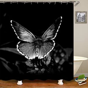 Black Butterfly 4PCS Shower Curtain Sets with Non-Slip Rugs, Toilet Lid Cover and Bath Mat, Durable Waterproof Shower Curtains with 12 Hooks (Black Butterfly)