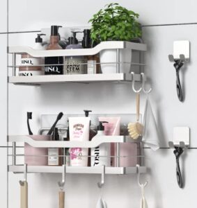 carwiner shower caddy bathroom shelf 2-pack, basket with 8 hooks for hanging shampoo conditioner, sus304 stainless steel rack wall mounted storage organizer for kitchen, no drilling (silver)